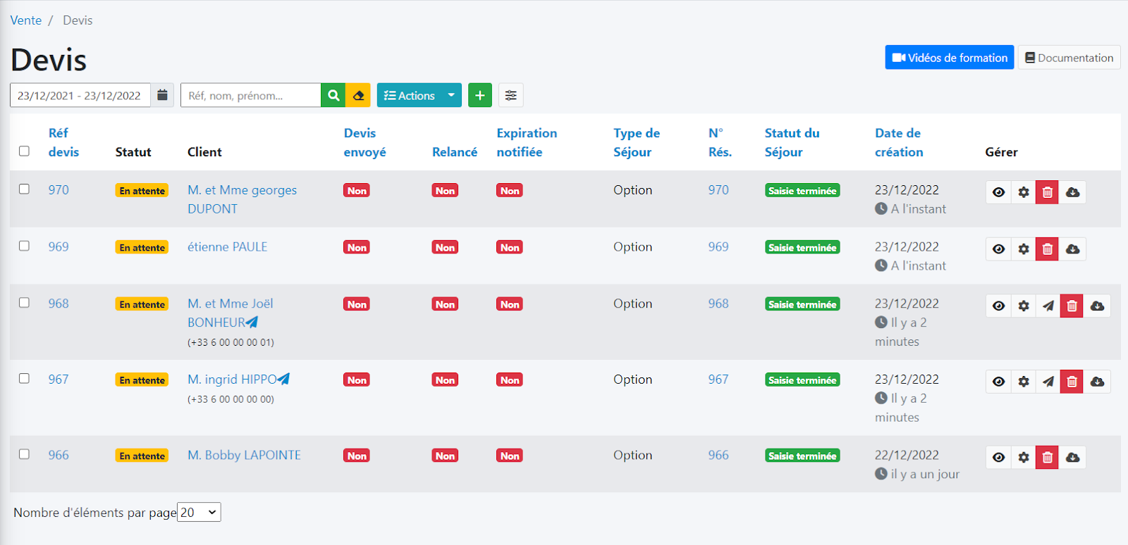 Ecran Gestion des Devis